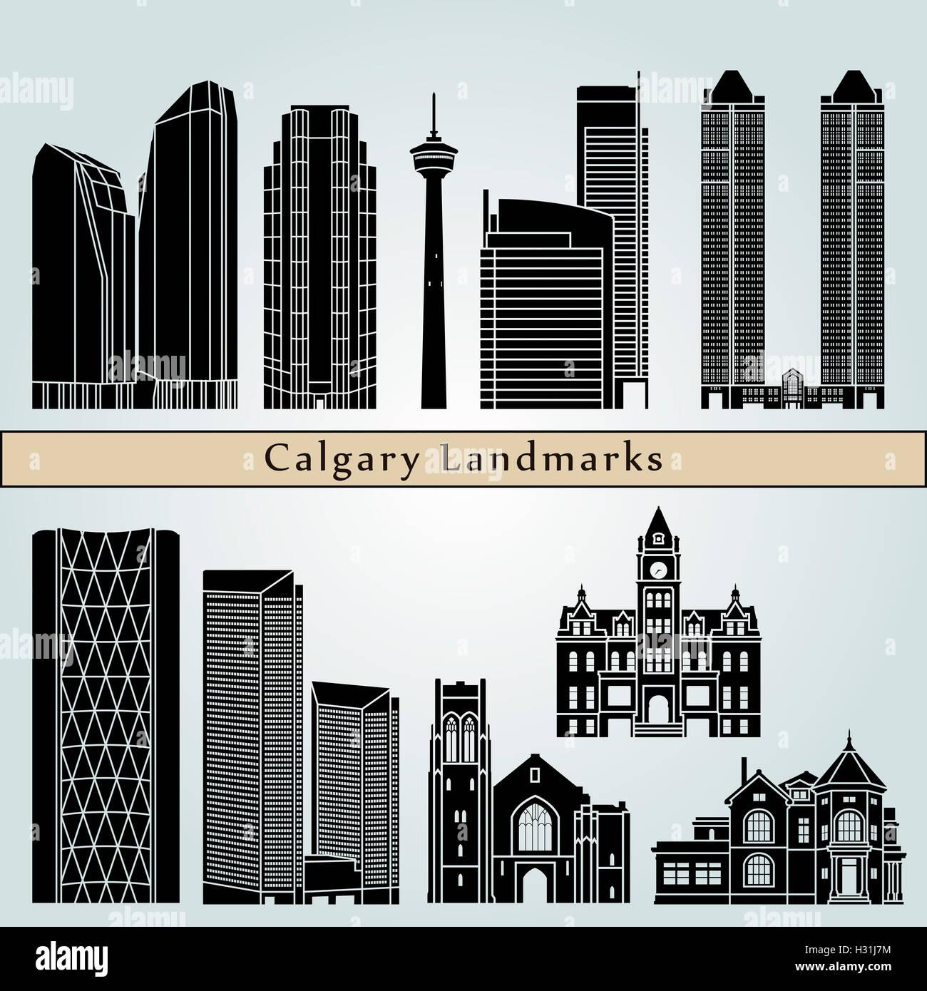 Calgary landmarks and monuments isolated on blue background in editable ...