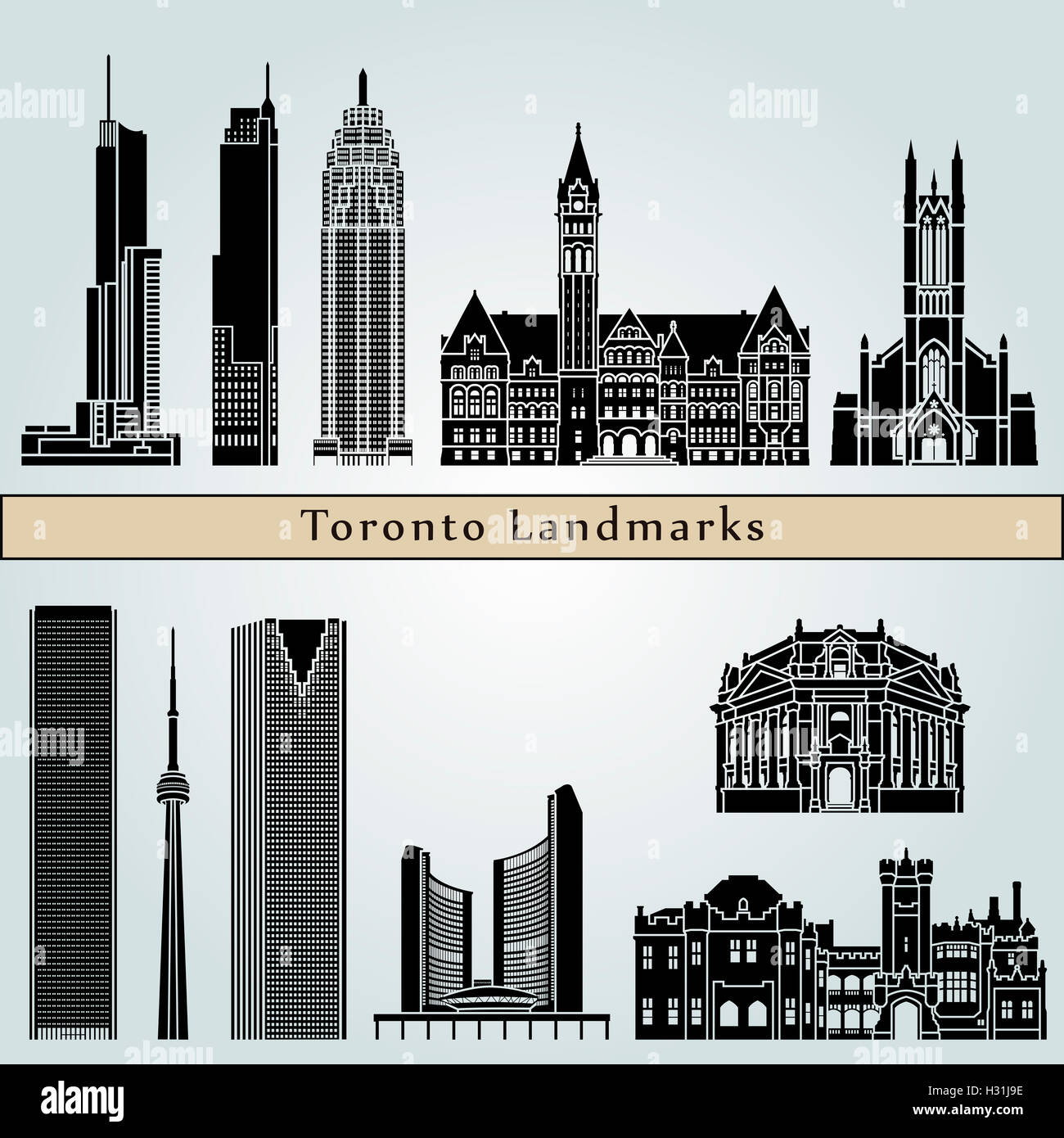 Toronto landmarks and monuments isolated on blue background in editable ...