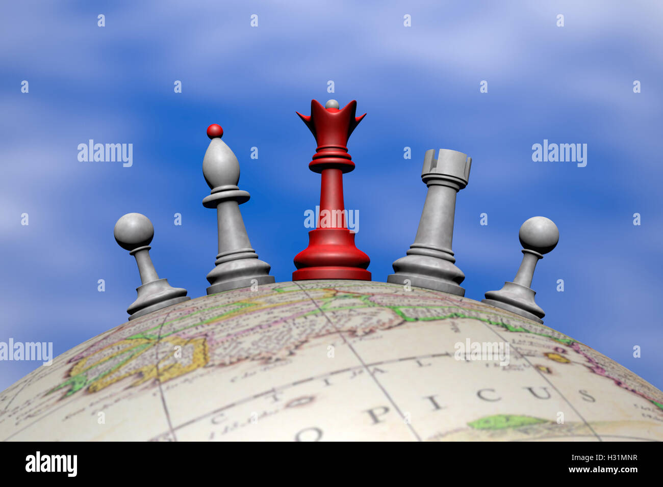 Symbolic image (temporary peace). Chess pieces on a globe Stock Photo ...