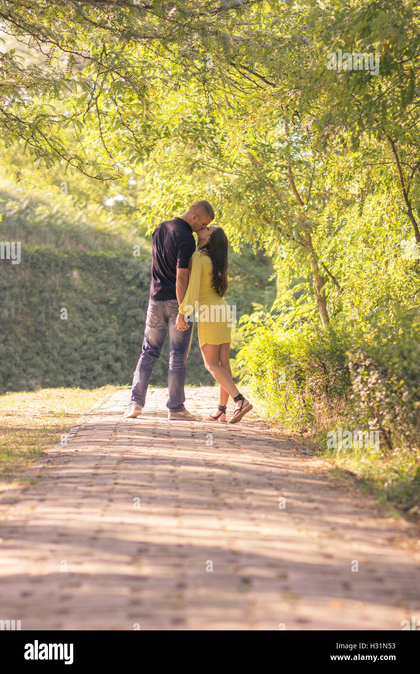 cute young couple kissing back rear view sunny day outdoors green tree ...