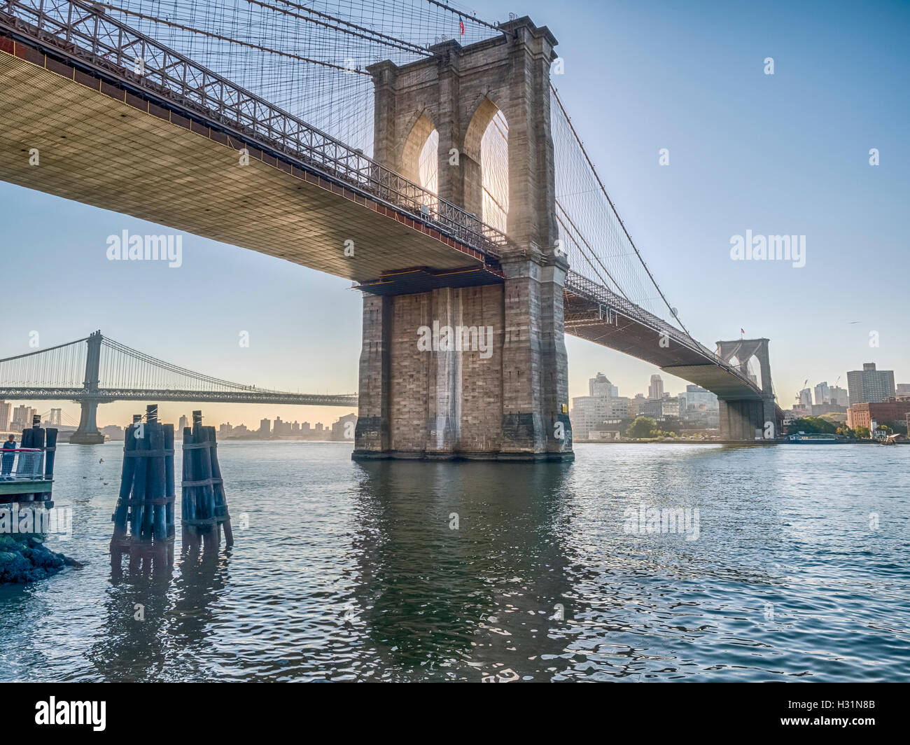 Brooklyn Bridge is a hybrid cable-stayed/suspension bridge in New York ...