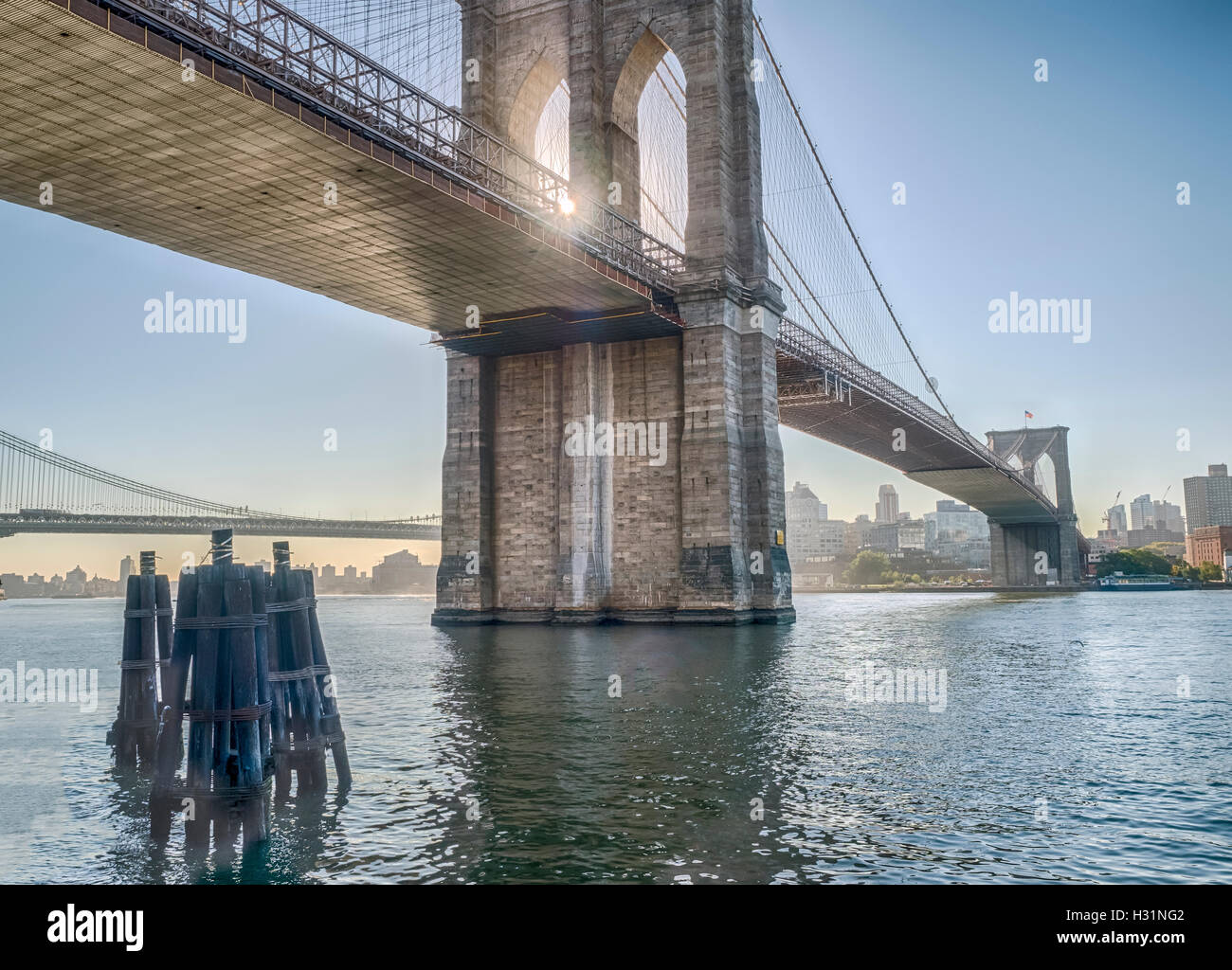 Brooklyn Bridge is a hybrid cable-stayed/suspension bridge in New York ...