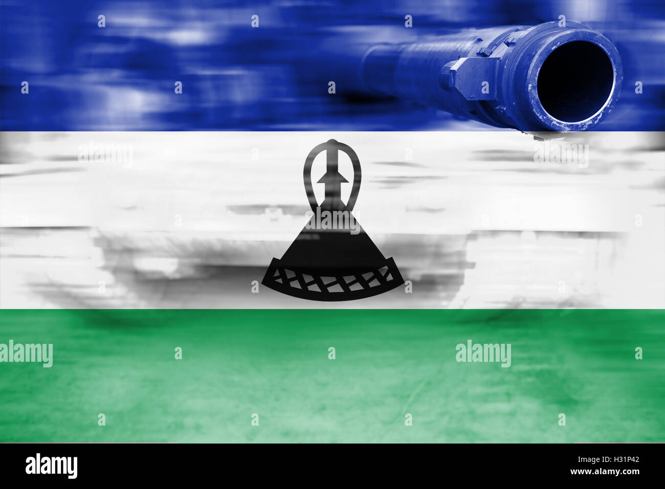 military strength theme, motion blur tank with Lesotho flag Stock Photo ...