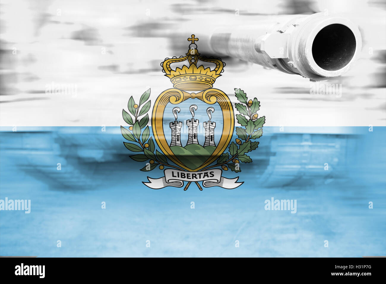 military strength theme, motion blur tank with San Marino flag Stock ...