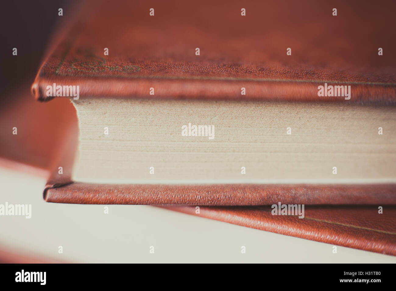 Antique book cover angle detail, focus on closed paper pages, vintage ...