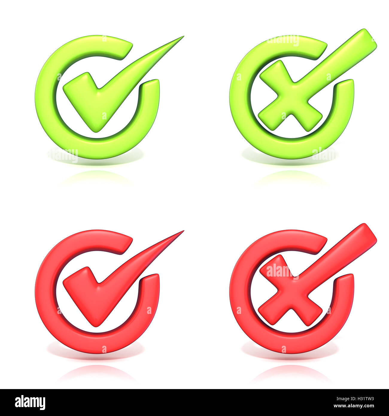 Correct and incorrect check marks in circle. 3D render illustration ...