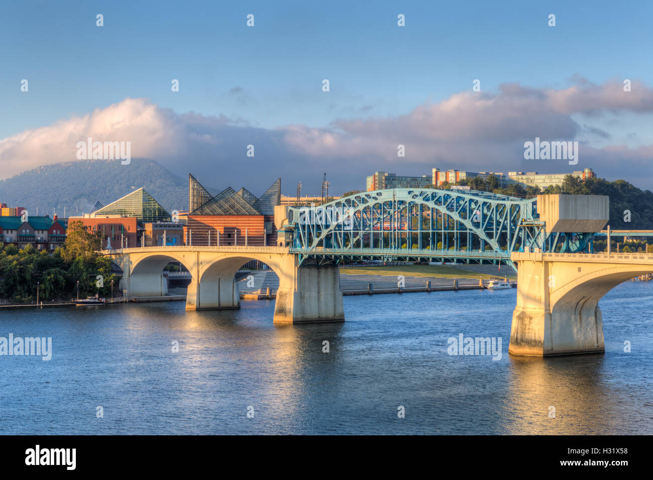 A birds-eye-view of the Chief John Ross (Market Street) bridge spanning ...