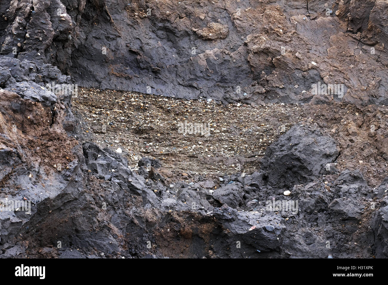Clear signs of rock and clay strata in eroding clay cliffs at Skipsea ...