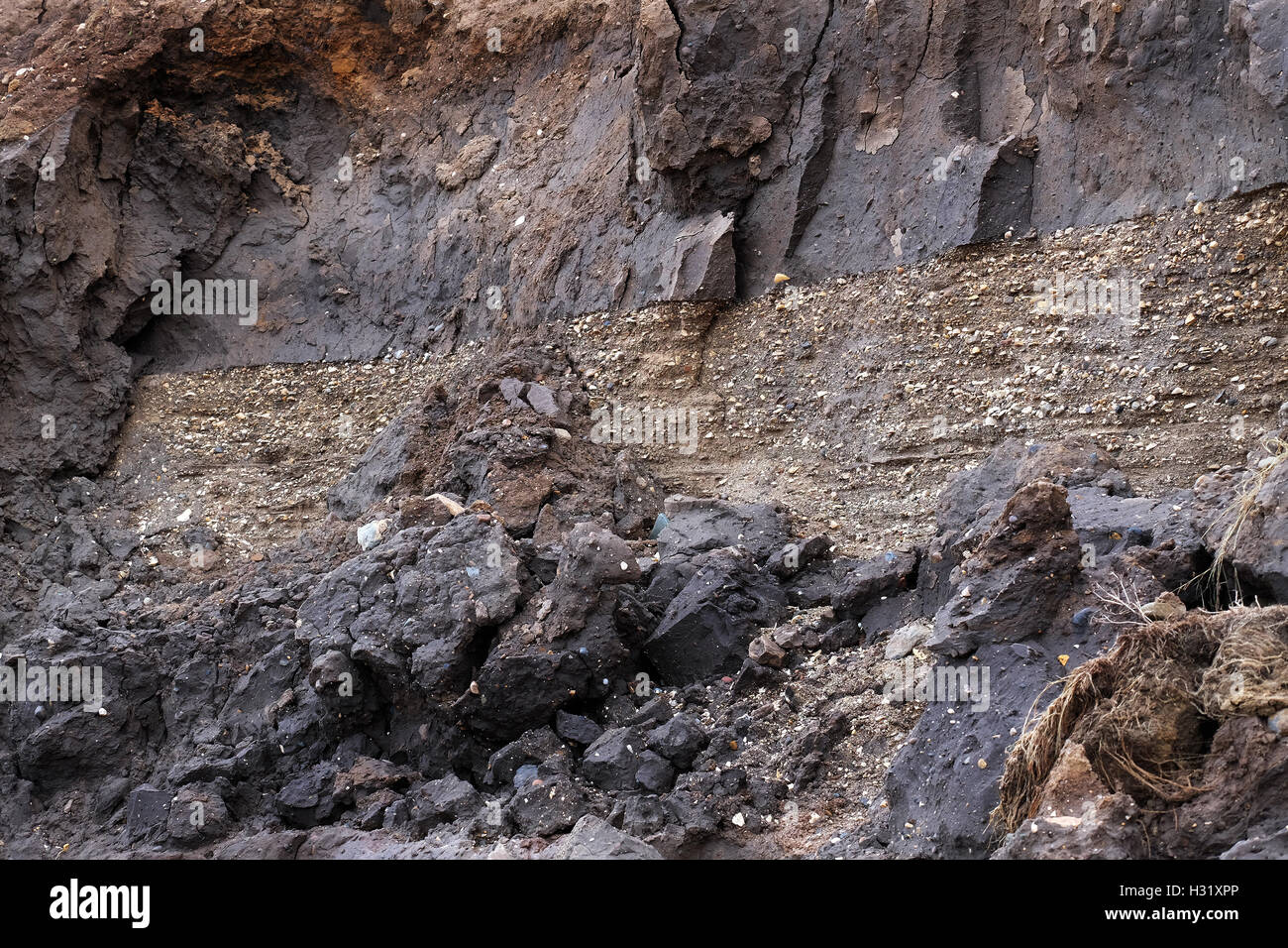 Clear signs of rock and clay strata in eroding clay cliffs at Skipsea ...