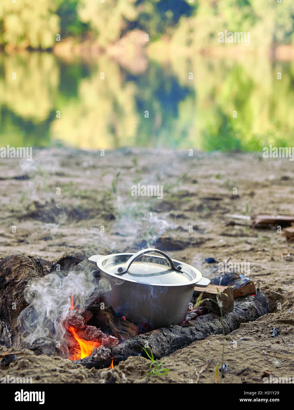 cooking on fire at picnic, food prepared in kettle on wood, trees ...
