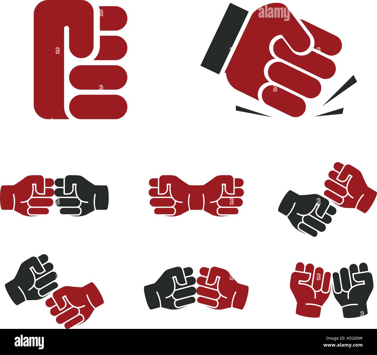 Isolated abstract red and black fists logo set. Banging fist logotype ...