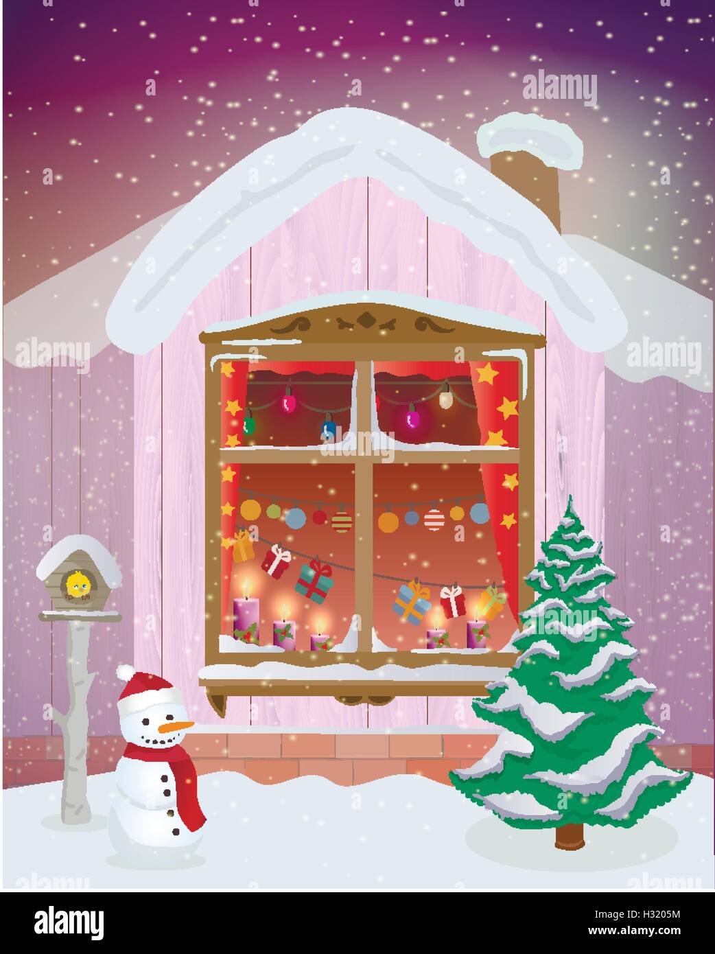 Vector winter night scene of window with Christmas candles, lights and ...