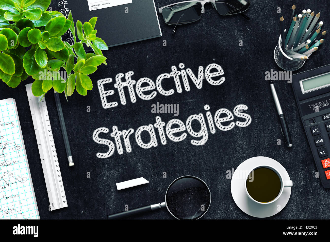 Effective Strategies on Black Chalkboard. 3D Rendering Stock Photo - Alamy