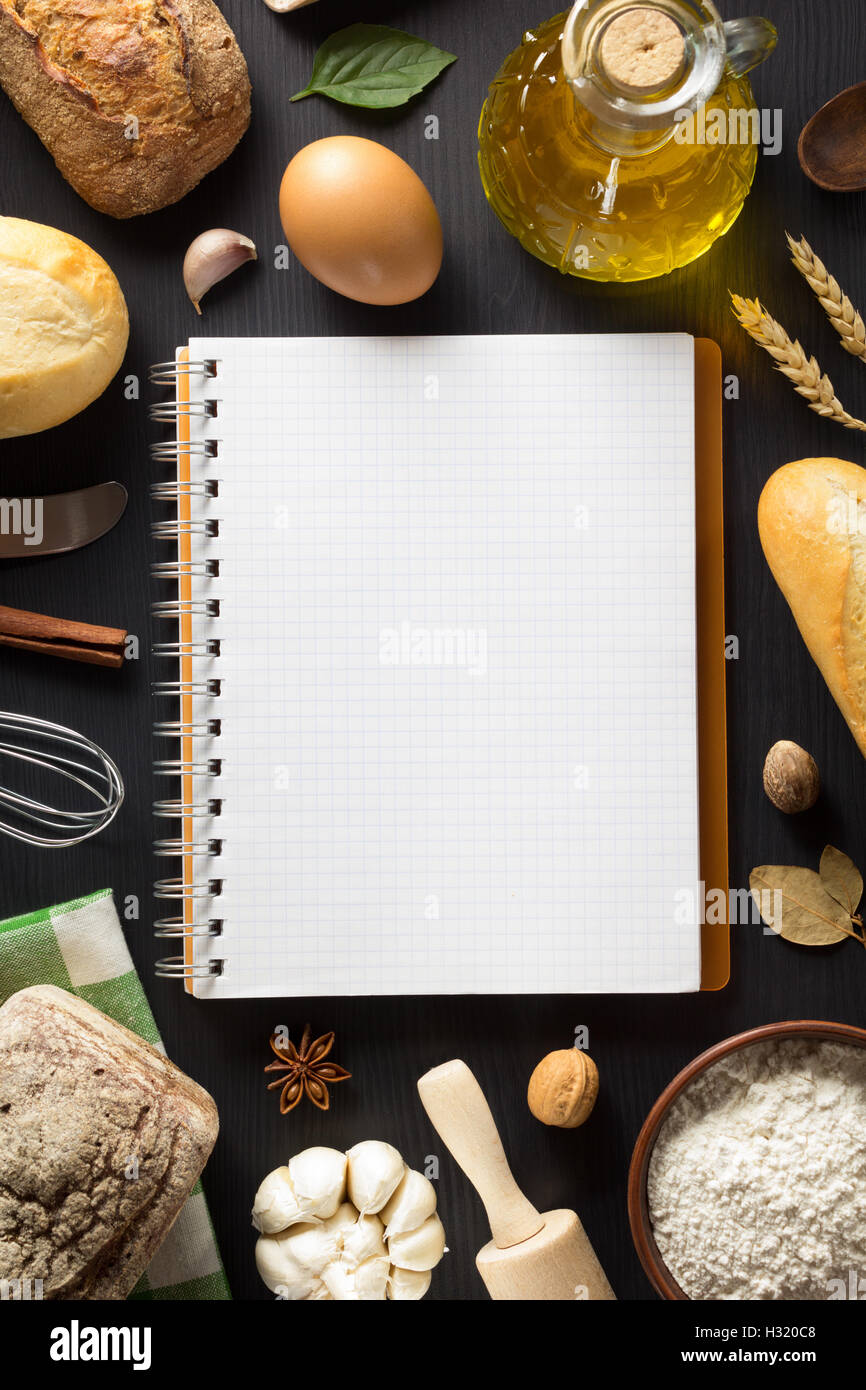 bread and bakery products on wooden background Stock Photo - Alamy