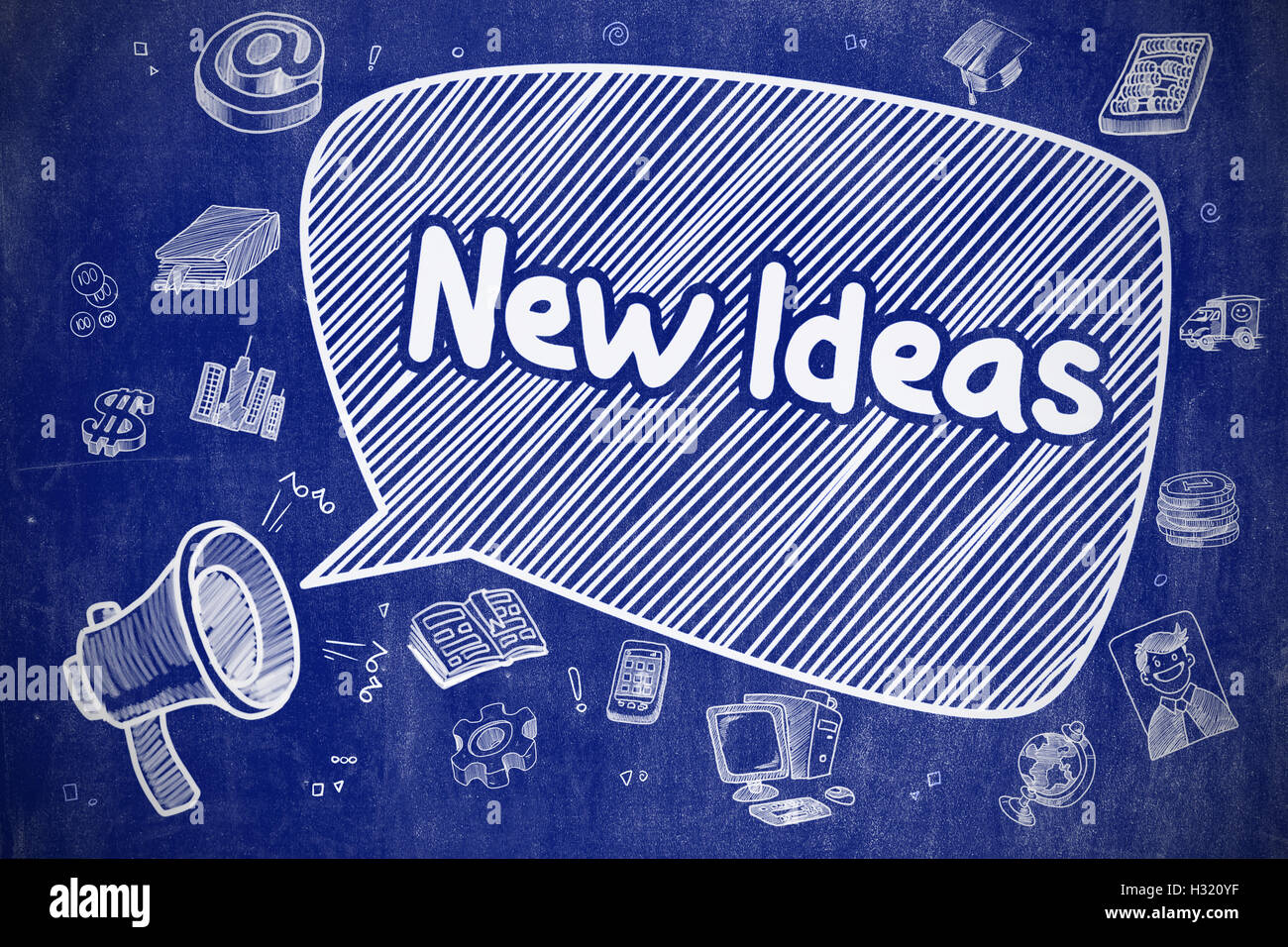 New Ideas - Doodle Illustration on Blue Chalkboard Stock Photo - Alamy