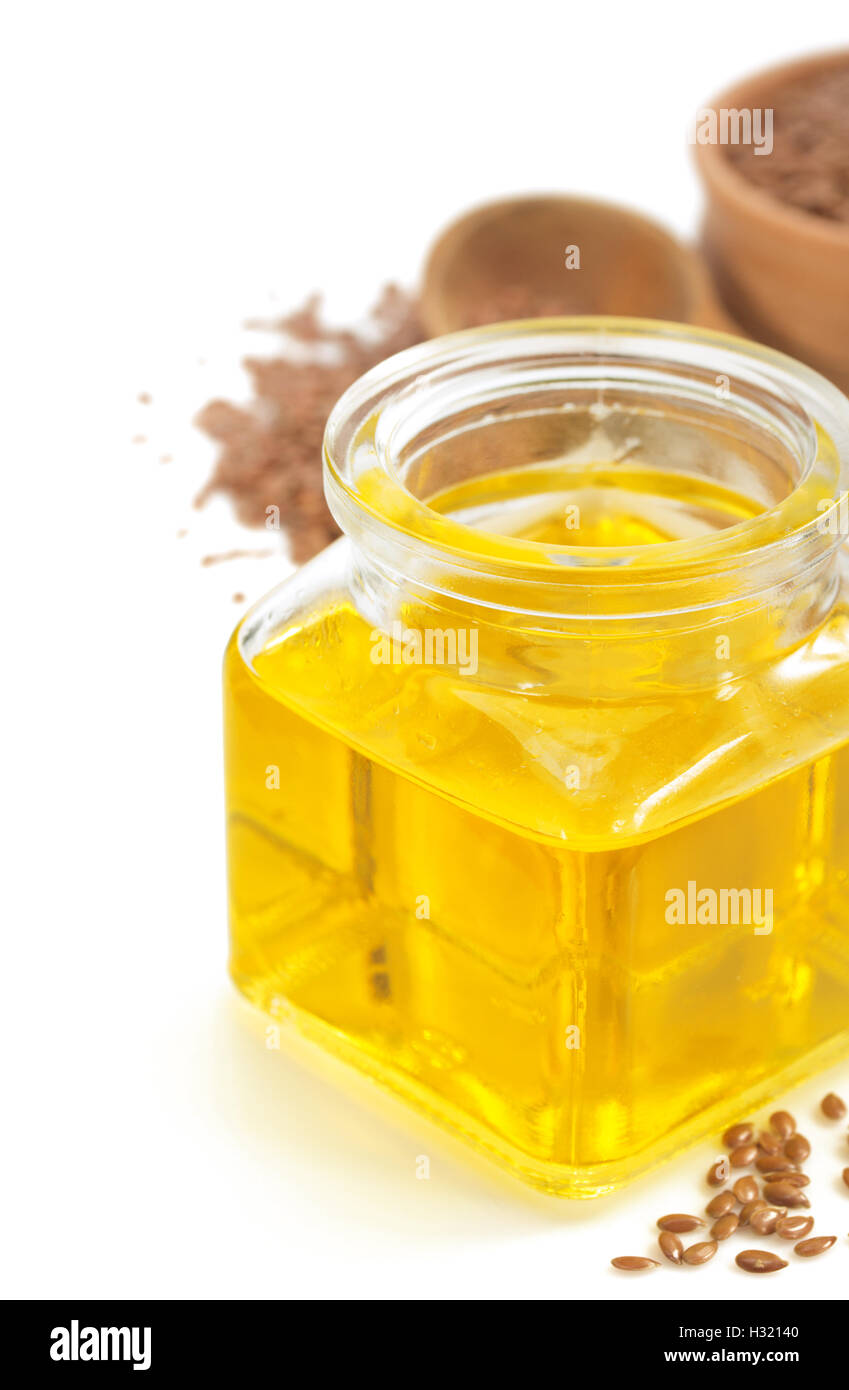 linseed oil in bottle isolated on white background Stock Photo - Alamy