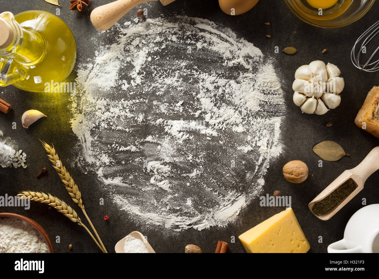 bakery products on black background texture Stock Photo - Alamy