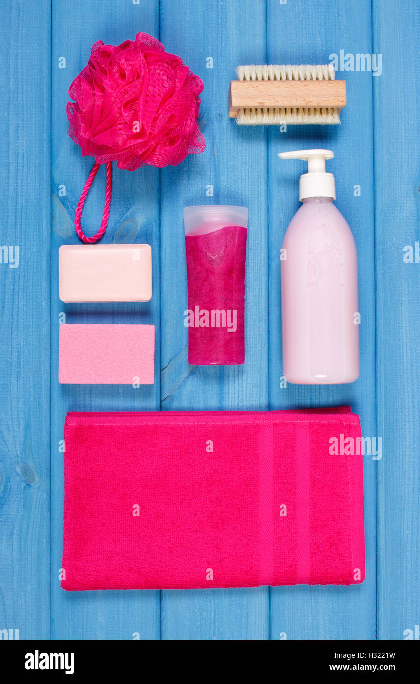 Cosmetics and accessories for personal hygiene in bathroom, soap, body ...