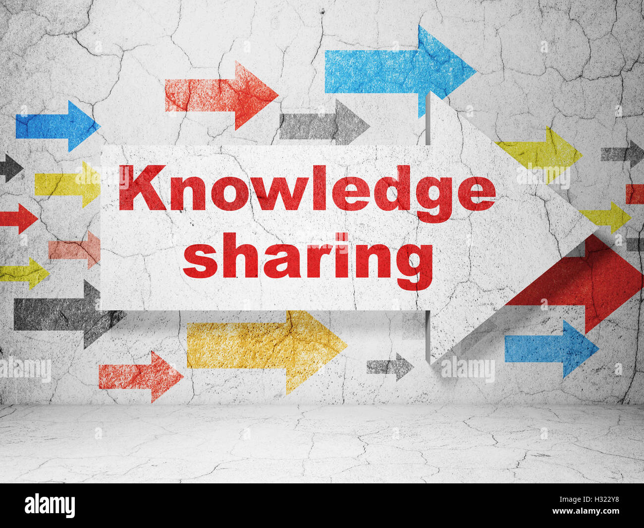 Learning concept: arrow with Knowledge Sharing on grunge wall ...