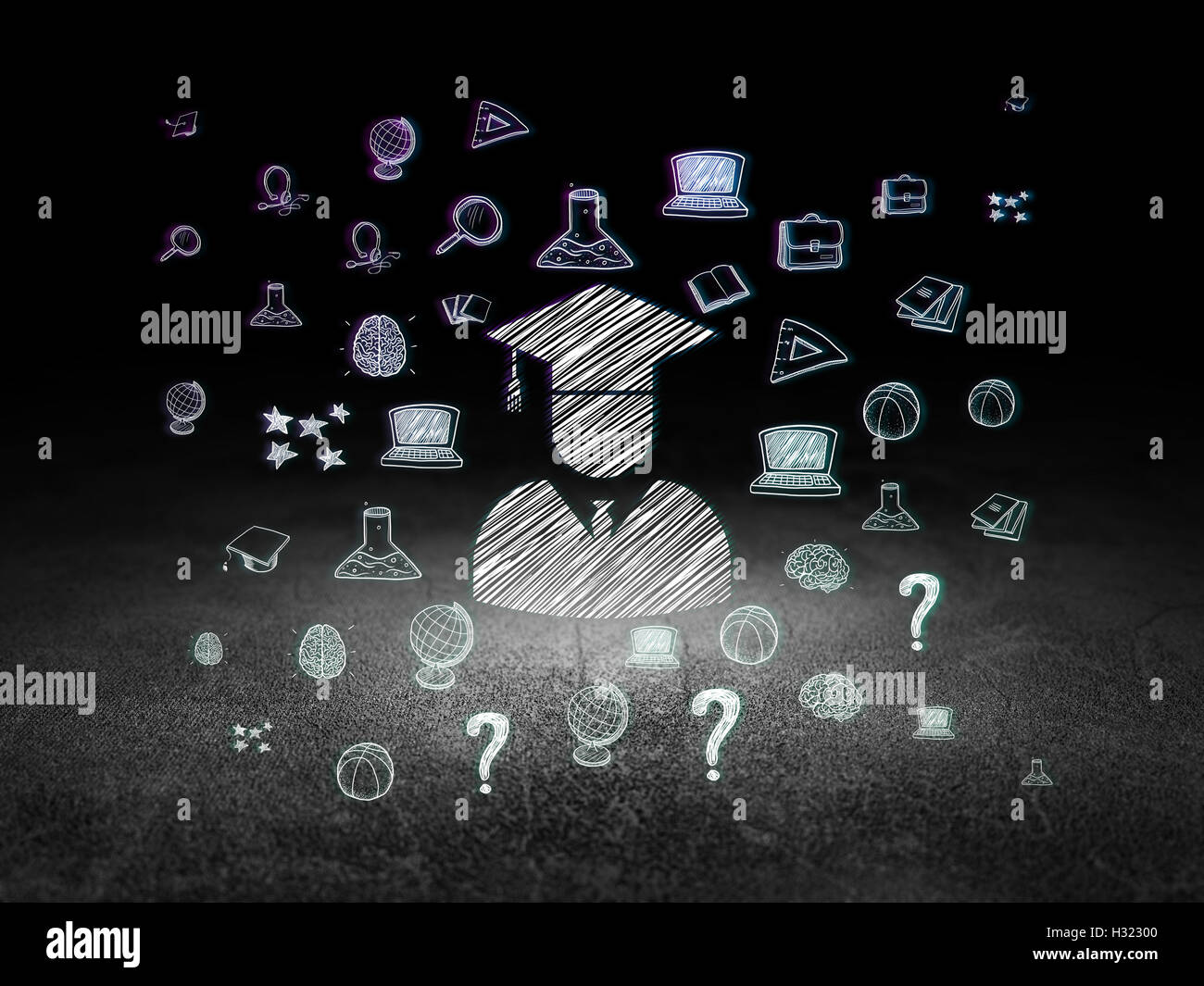 Learning concept: Student in grunge dark room Stock Photo - Alamy