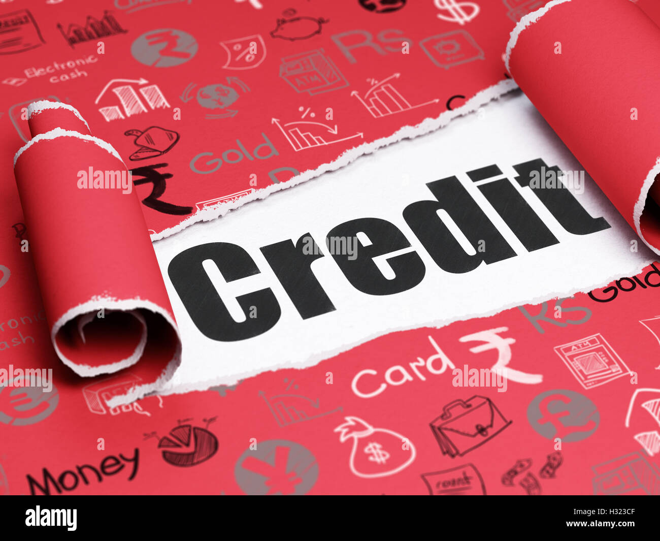 Currency concept: black text Credit under the piece of torn paper Stock ...