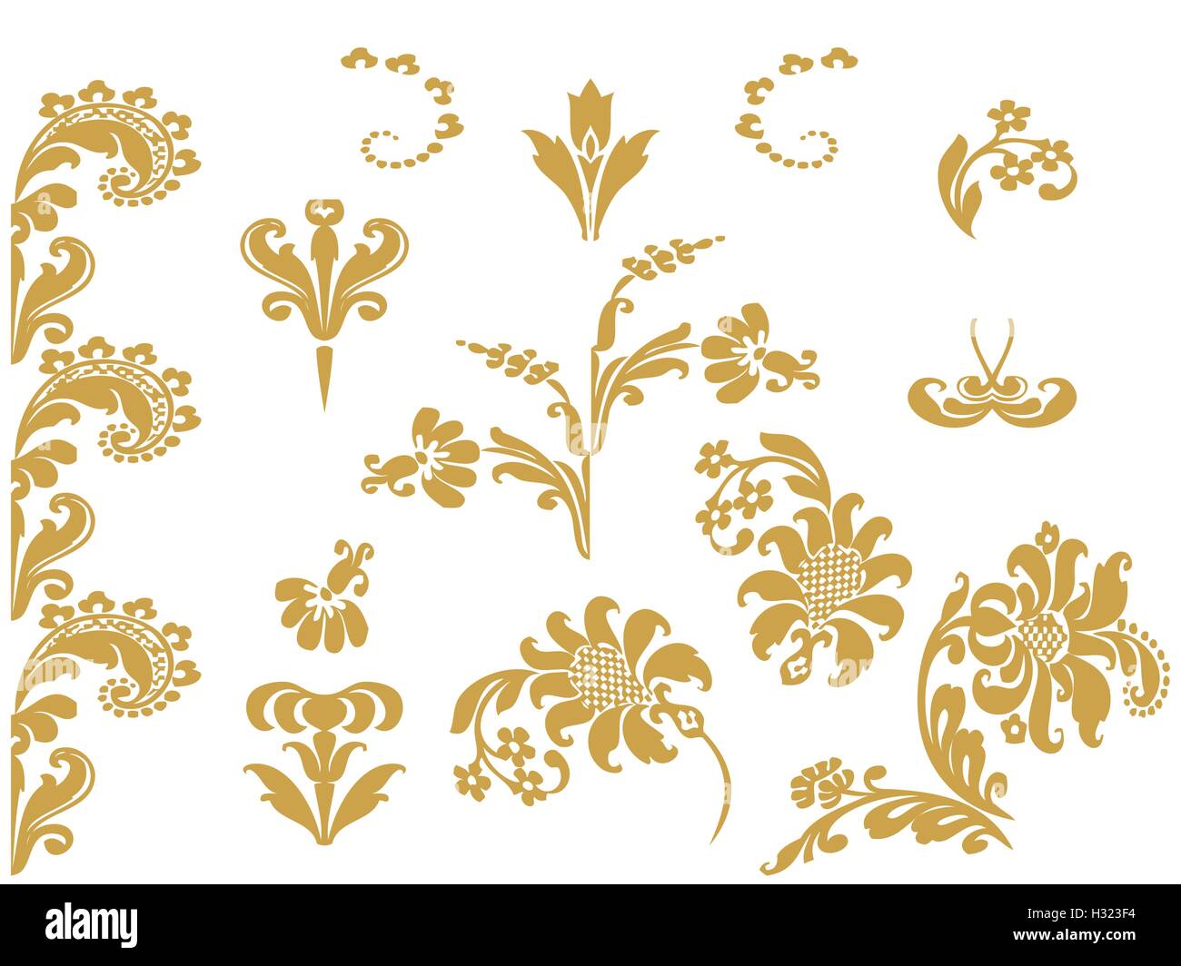 Vector set floral design elements with gold flowers and lush bloom ...