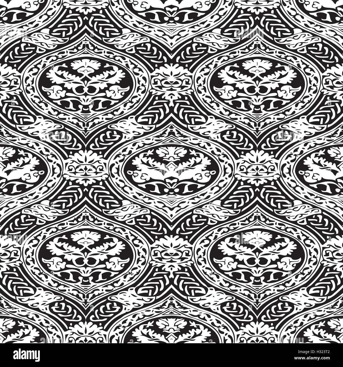 Vector seamless floral antique pattern with interlacing ribbons black ...
