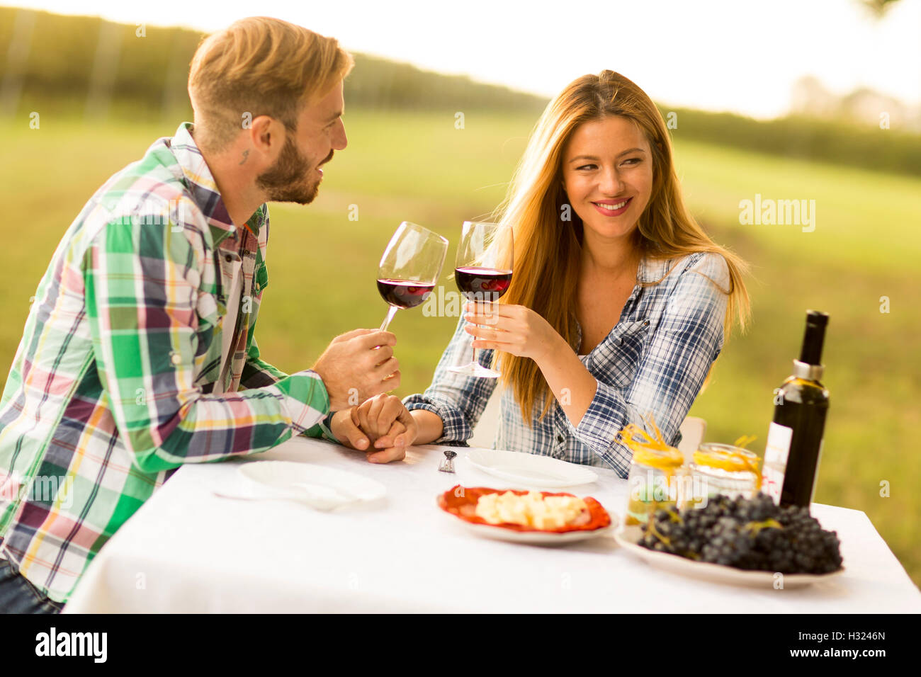 Young couple having dinner at vineyard countryside Stock Photo - Alamy