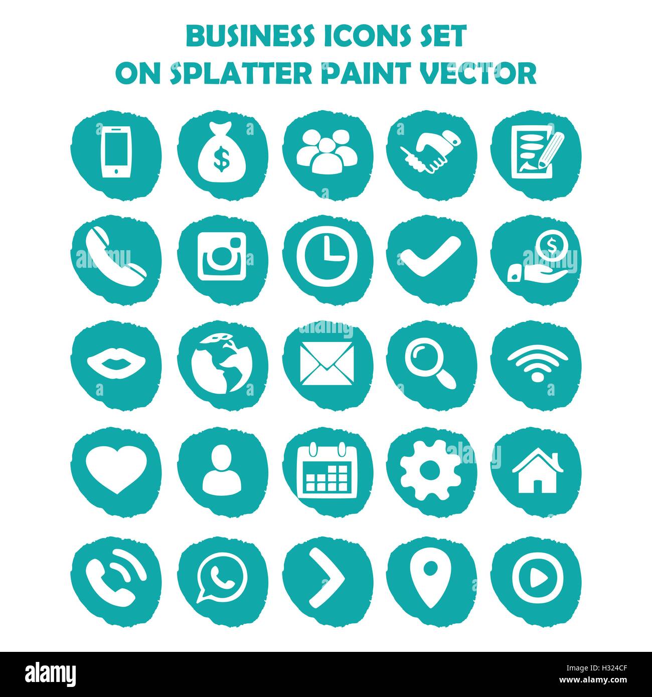 Business icon set on blue light splatter paint. Flat icons on round paint stains background ...