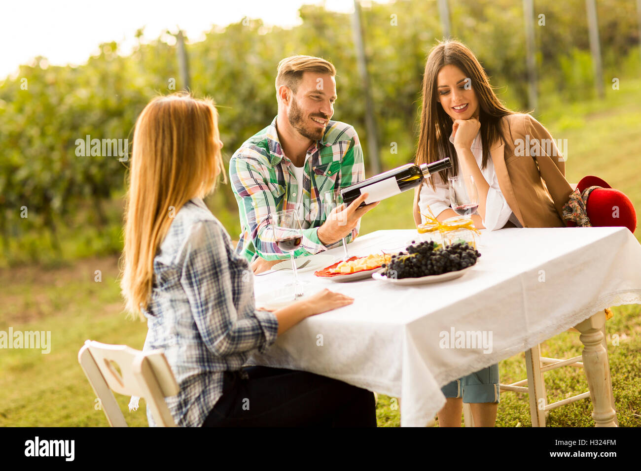 Young people enjoy dinner and wine tasting in the vineyard Stock Photo ...