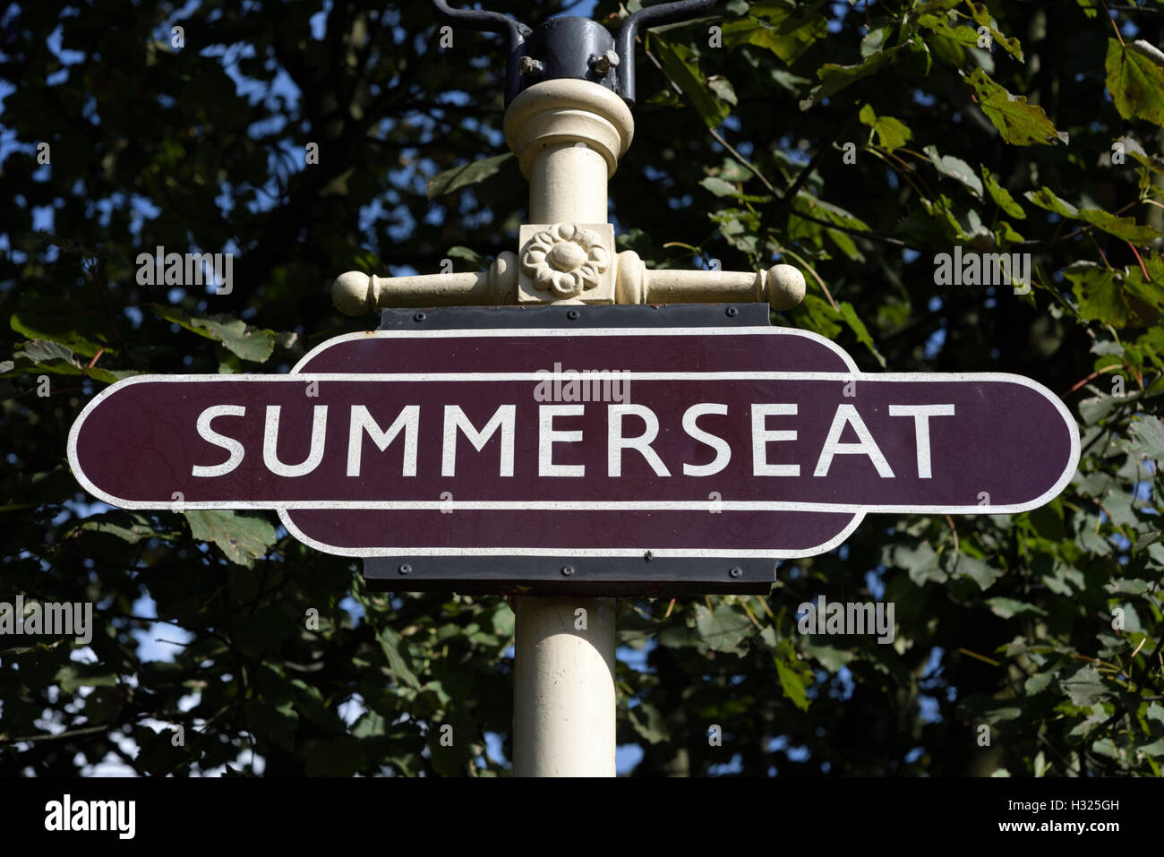 Trackside railway sign totem mounted on cast iron post at summerseat ...
