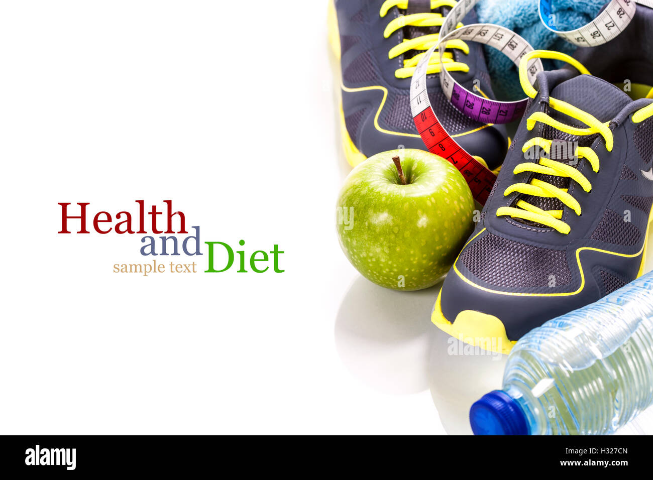 Different tools for sport and healthy food Stock Photo - Alamy