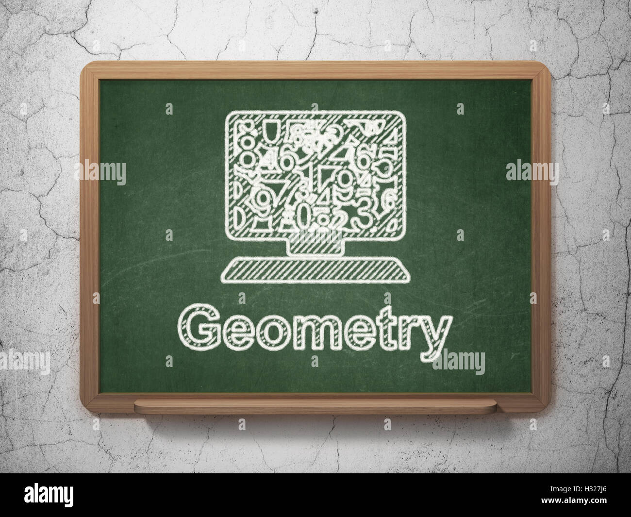 Education concept: Computer Pc and Geometry on chalkboard background ...