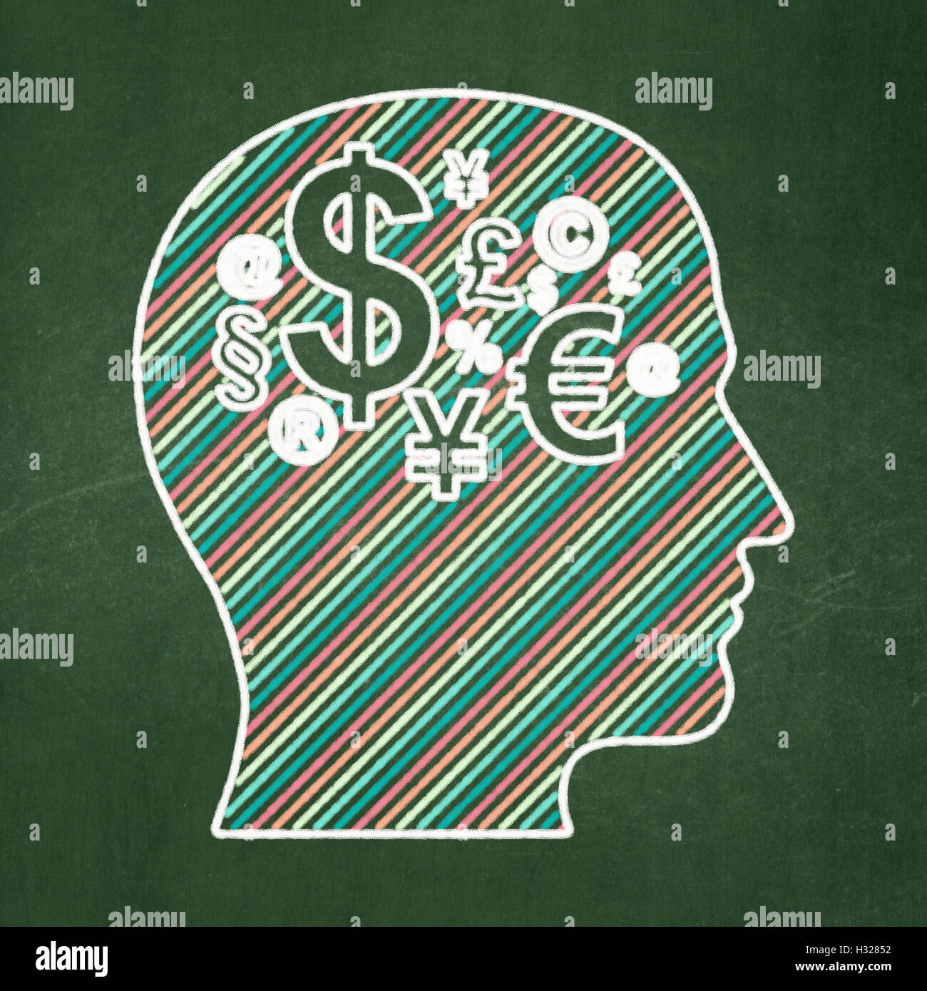Finance concept: Head With Finance Symbol on chalkboard background ...