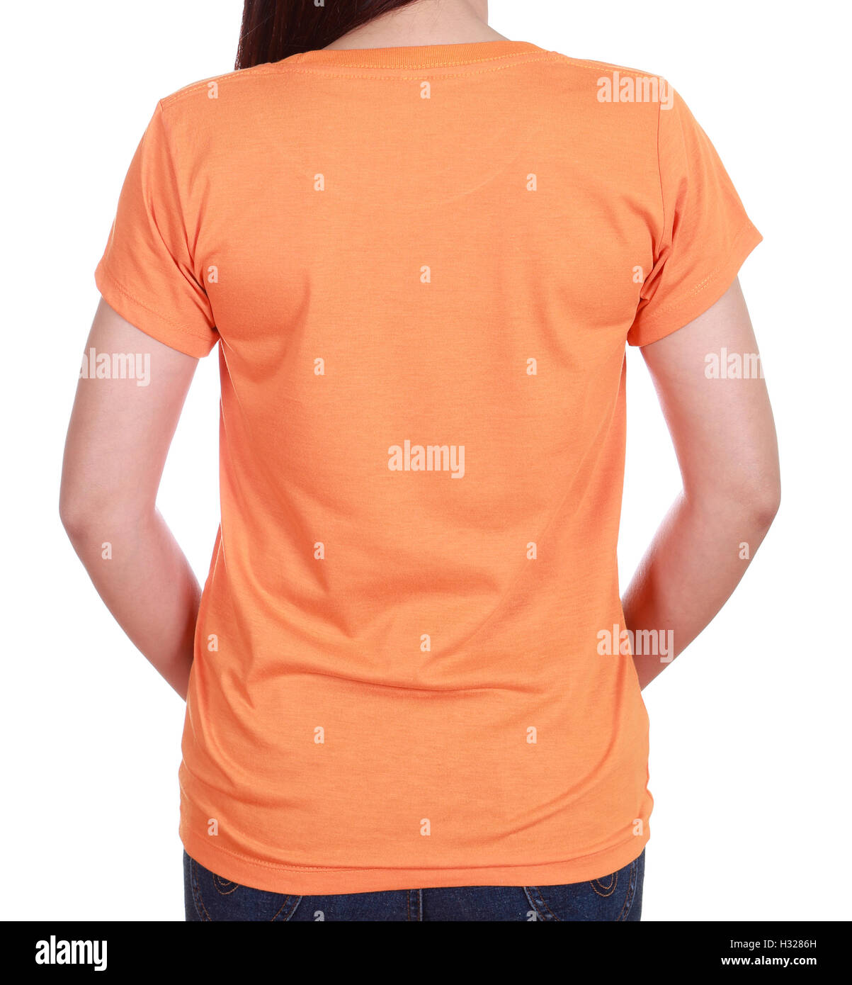 close-up female with blank t-shirt (back side Stock Photo - Alamy