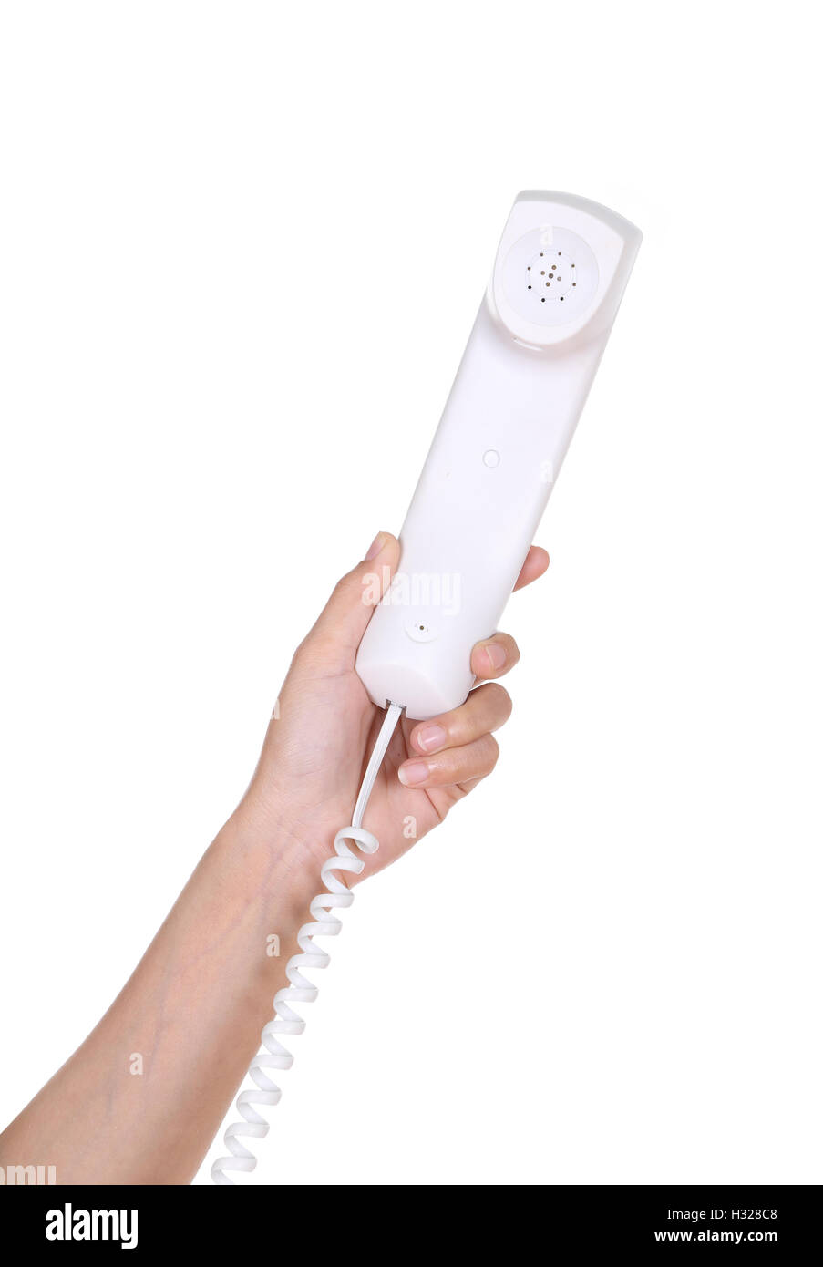 Hand holding white telephone tube Stock Photo - Alamy