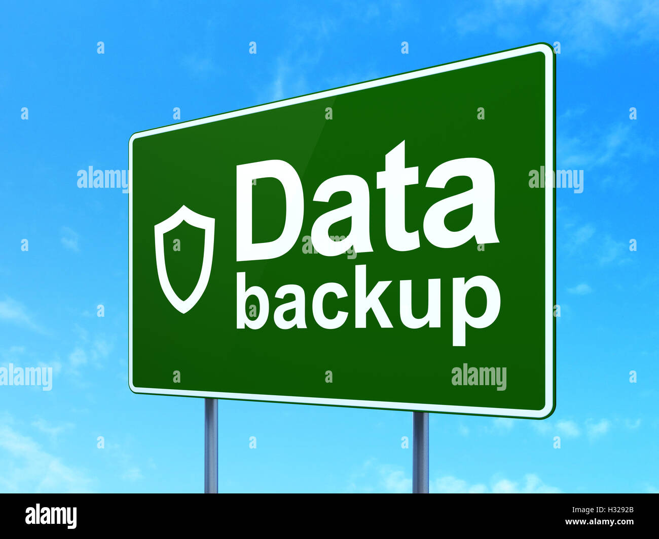 Information concept: Data Backup and Contoured Shield on road sign ...
