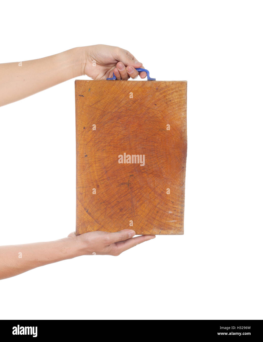 chopping block in hand isolated on white Stock Photo - Alamy