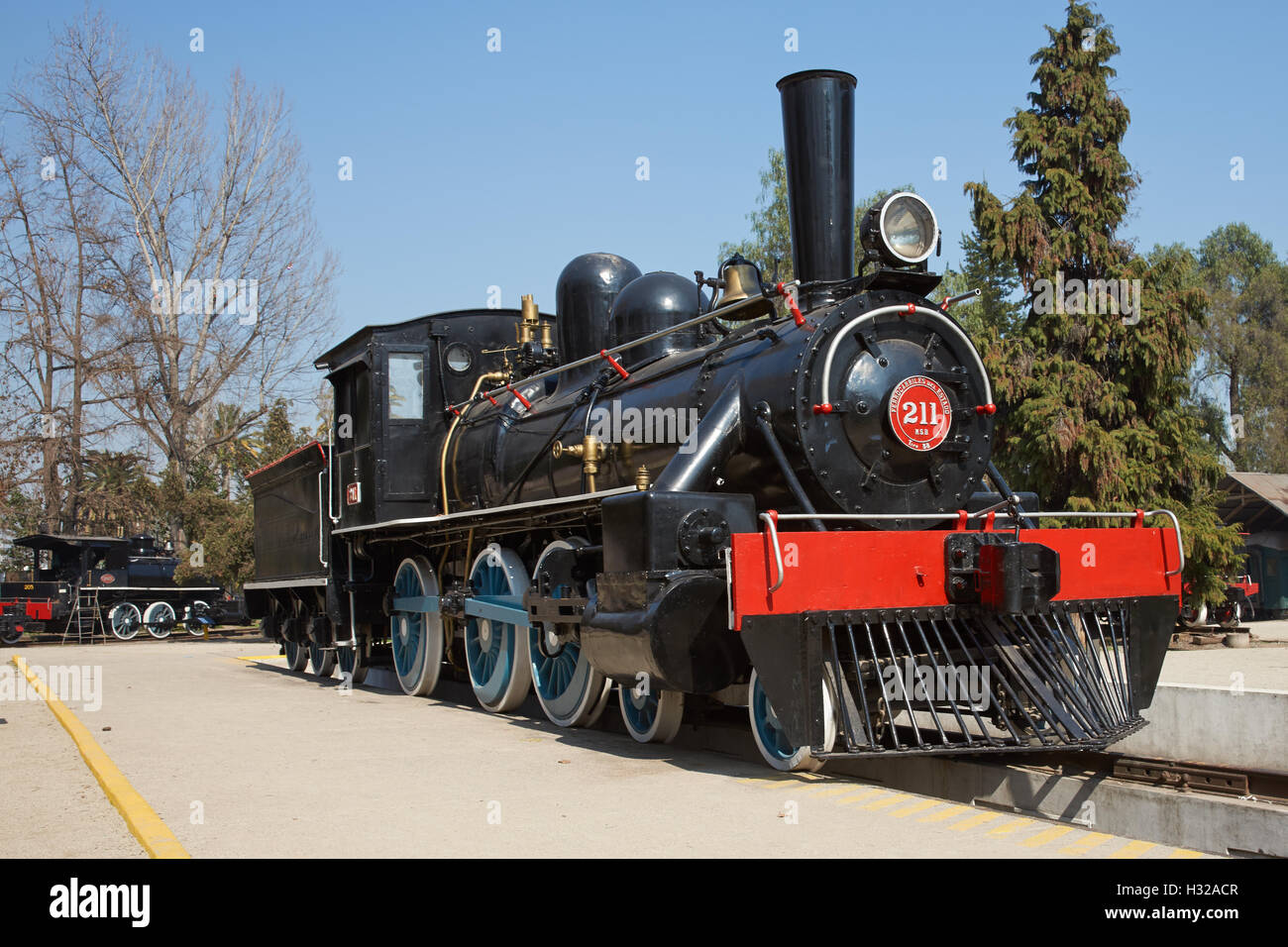 Old railway engines at the railway museum in Parque Quinta Normal in ...