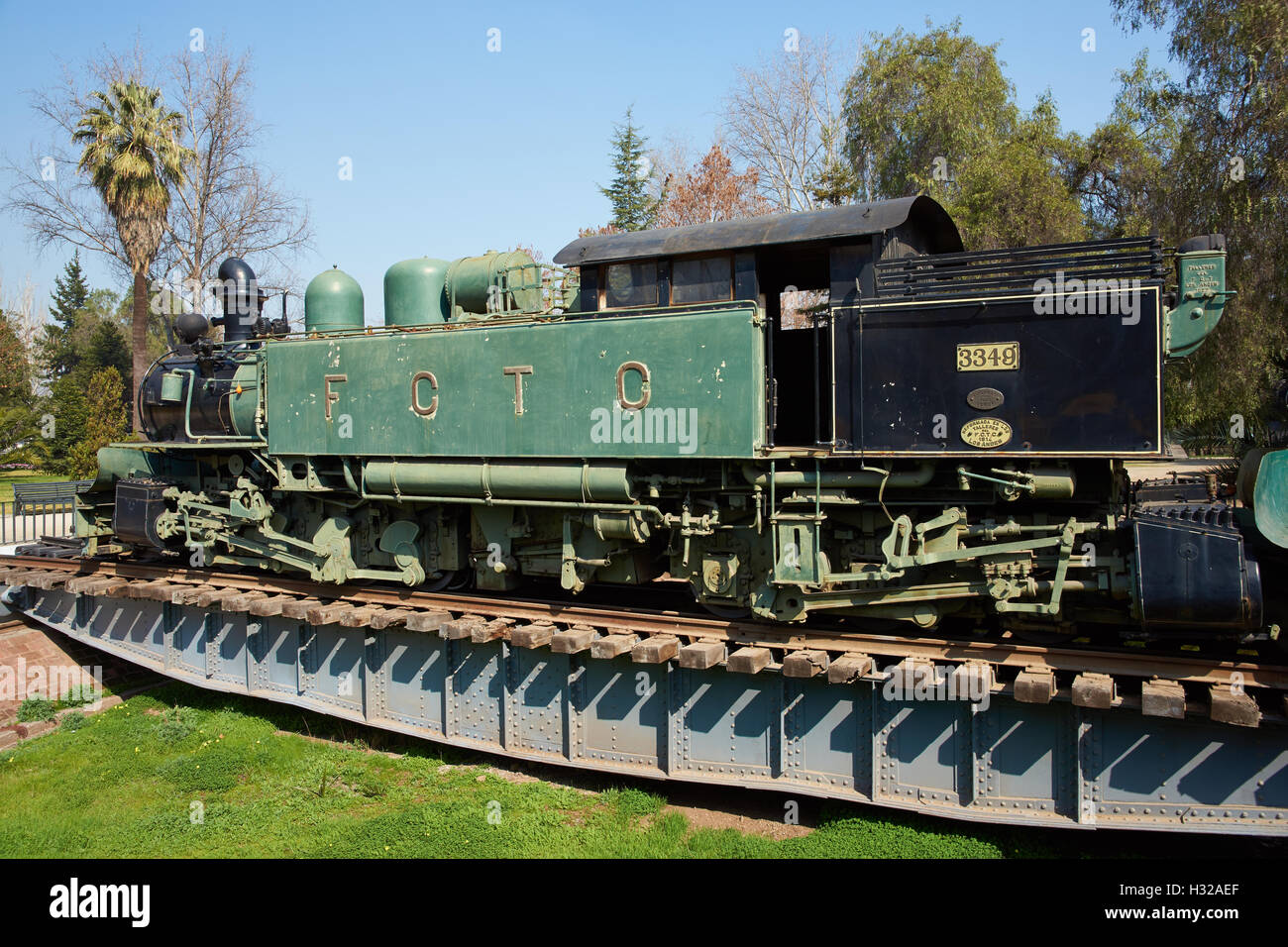 Old railway engines at the railway museum in Parque Quinta Normal in ...