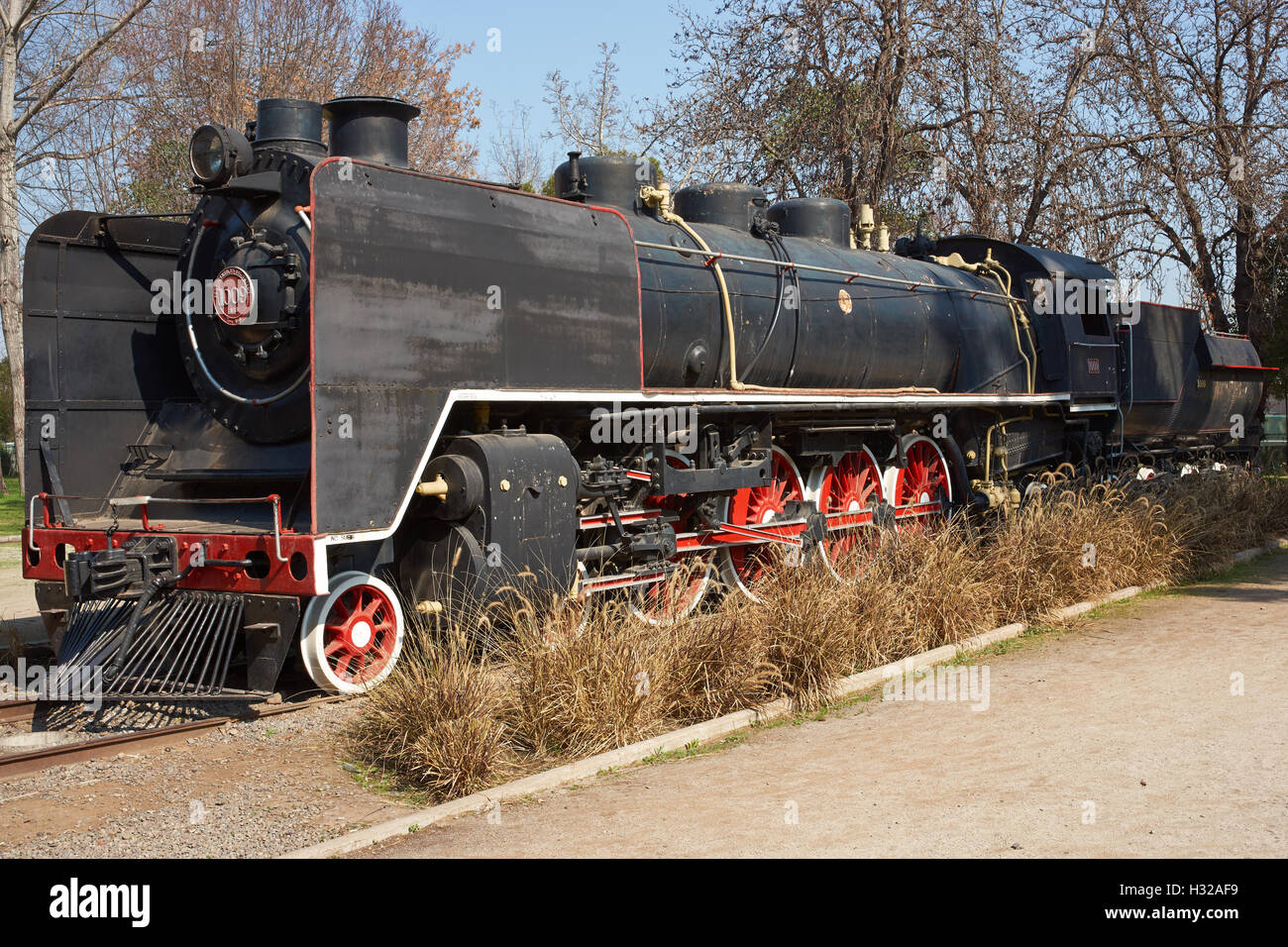 Old railway engines at the railway museum in Parque Quinta Normal in ...