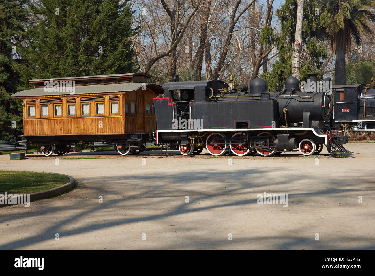 Old railway engines at the railway museum in Parque Quinta Normal in ...