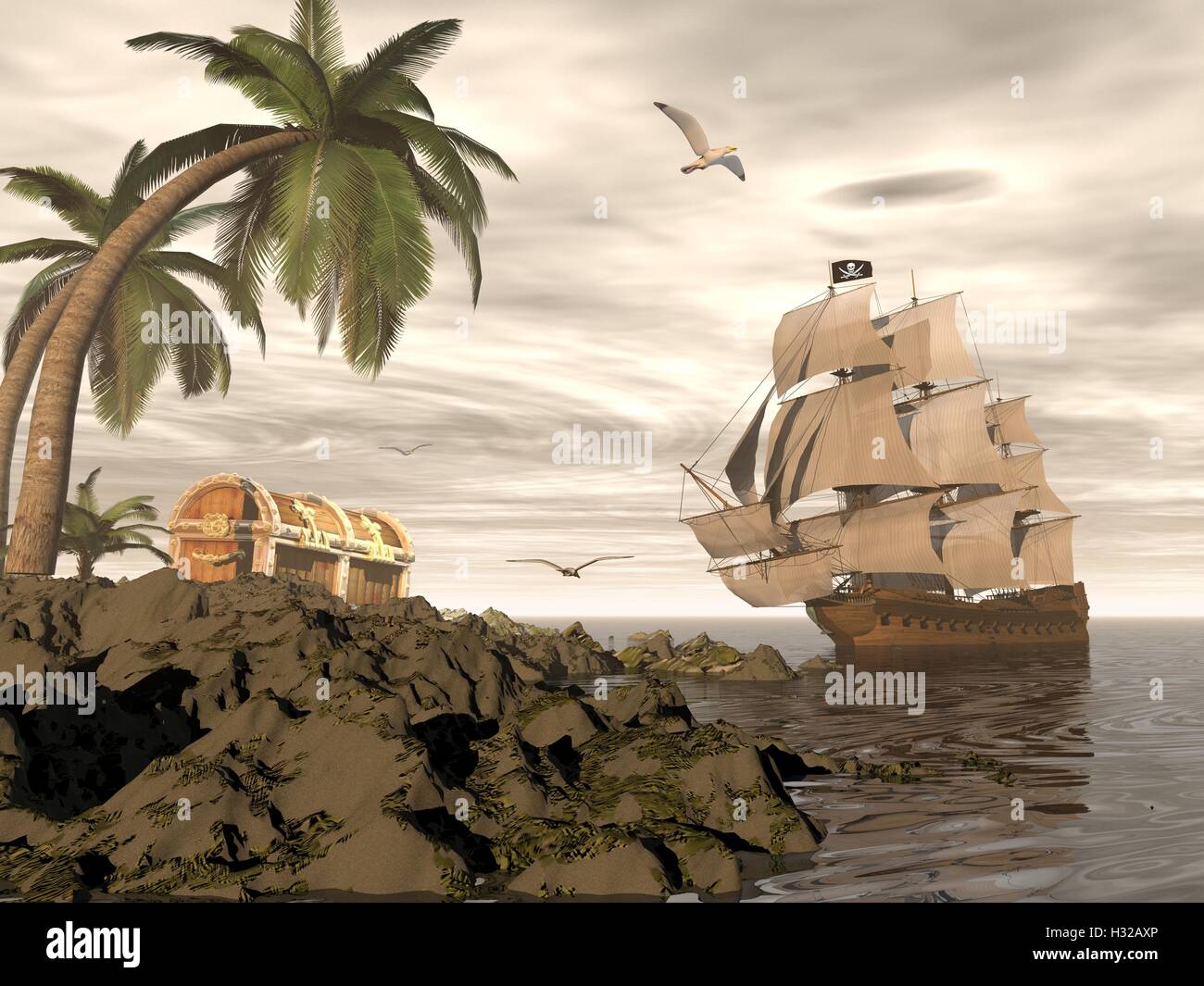 Pirate ship finding treasure - 3D render Stock Photo - Alamy