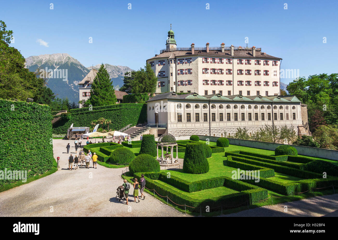 Ambras Castle and the green garden in Innsbruck ,capital of Tirol ...