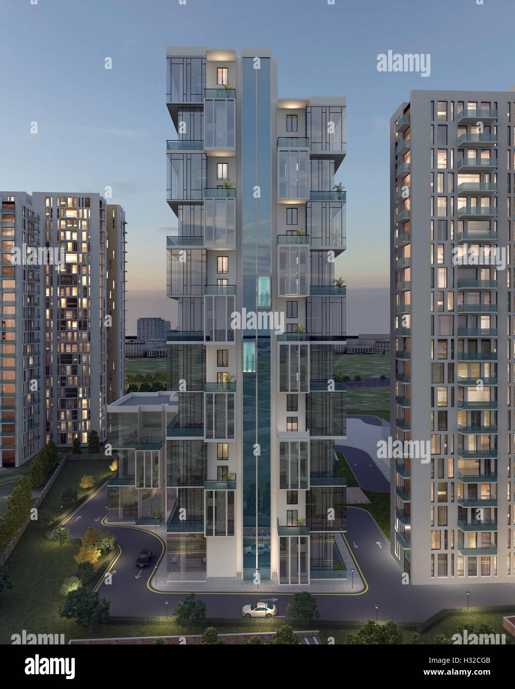 multi-storey building at night. 3d rendering Stock Photo - Alamy