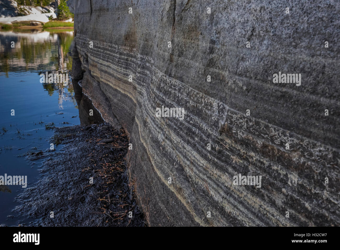 Lines on granite showing prior water levels of a seasonal pond ...