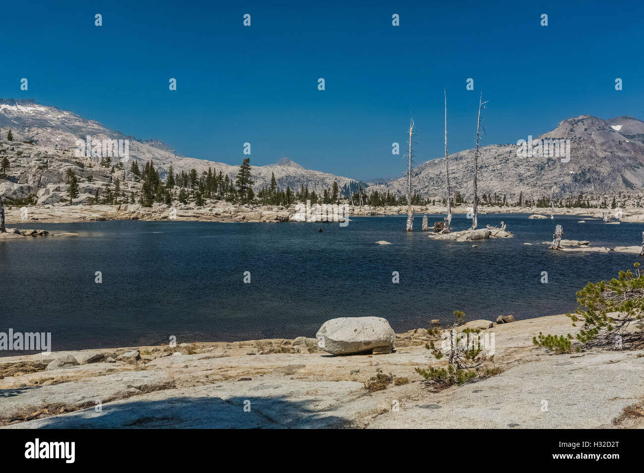 Lake Aloha with a relatively low August water level, with its complex ...