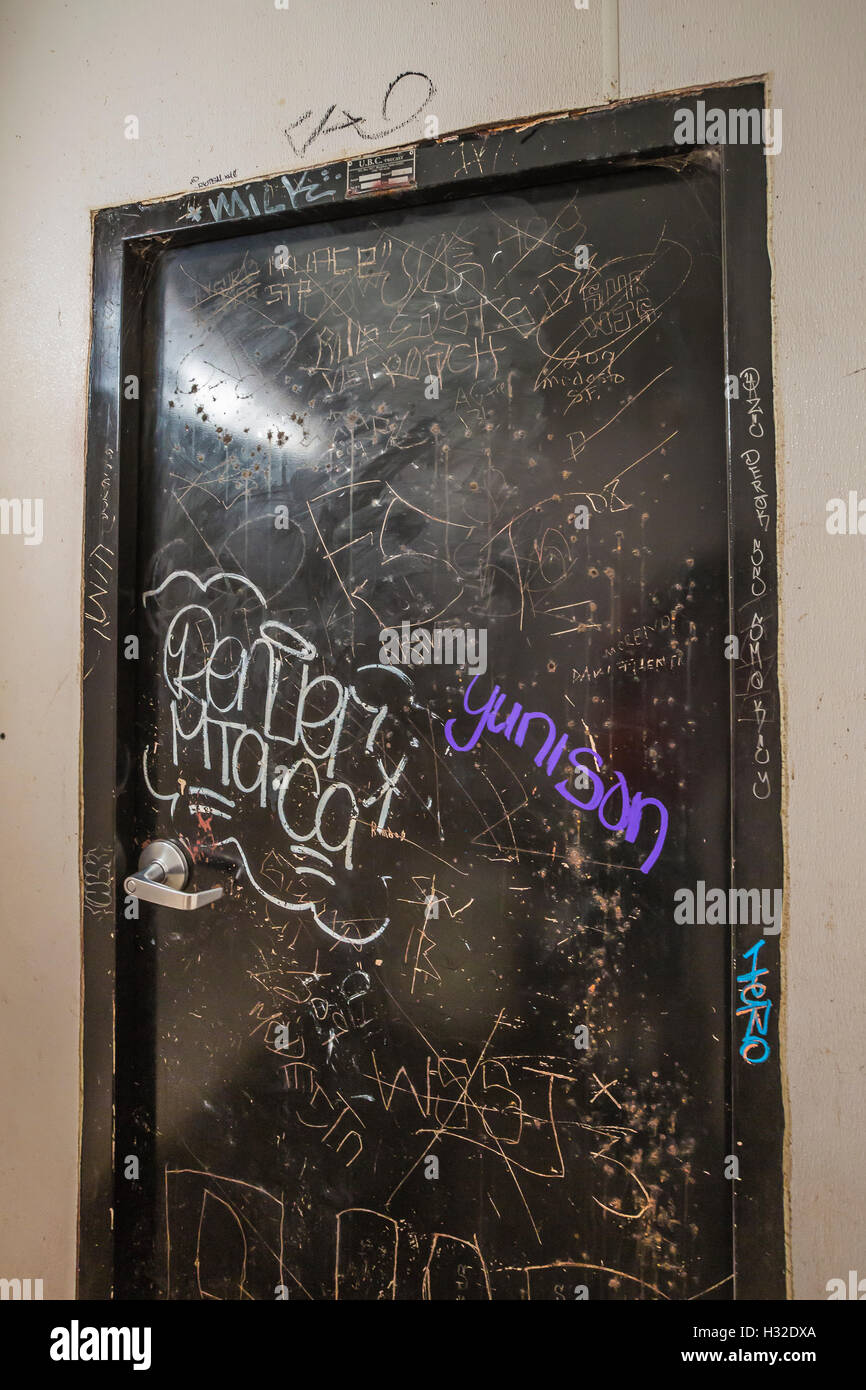 Graffiti inside outhouse at Cathedral Beach picnic area in Yosemite ...