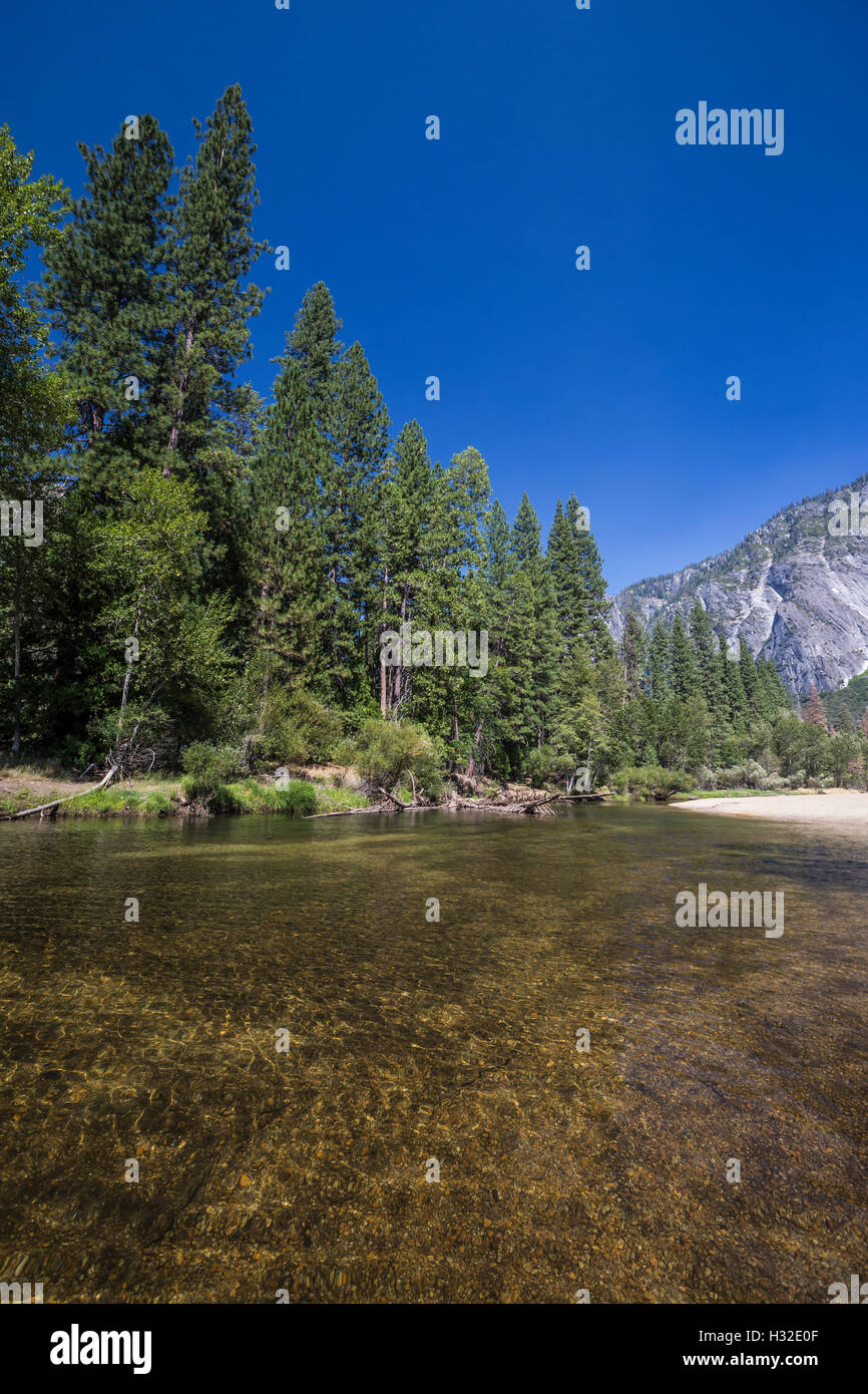 View from Sentinel Beach along the Merced River in Yosemite Valley ...
