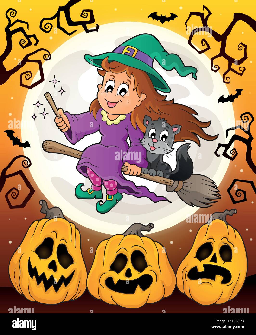Halloween theme with cute witch and cat - eps10 vector illustration ...